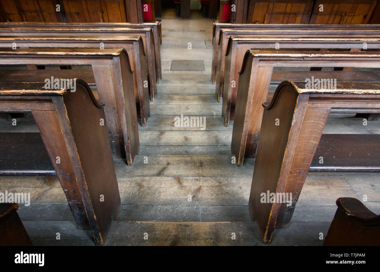 Old wooden tiered church pews from above - image Stock Photo - Alamy