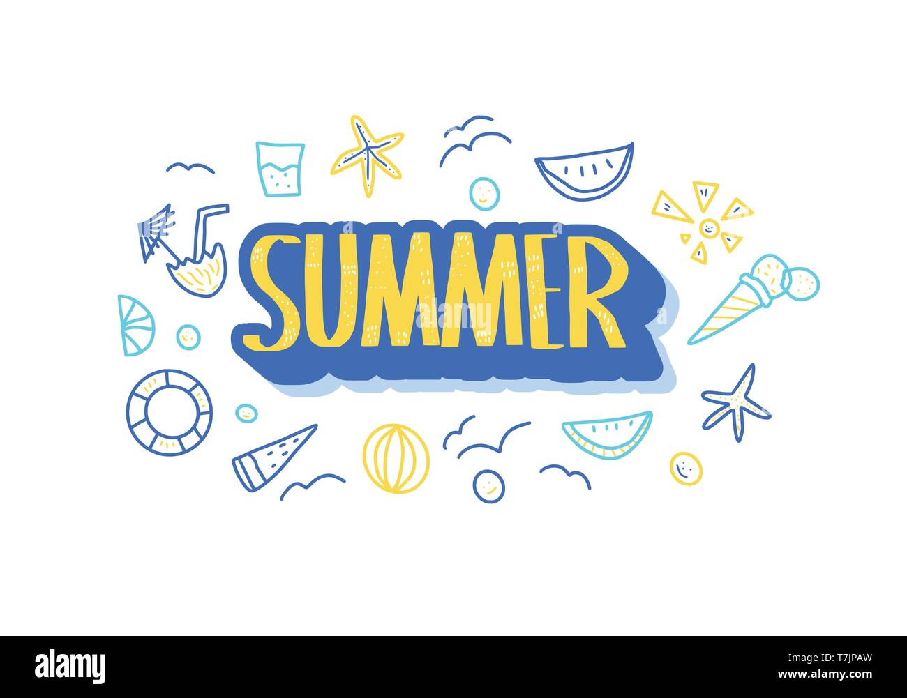 Summer concept. Handwritten lettering with summer symbols in doodle ...