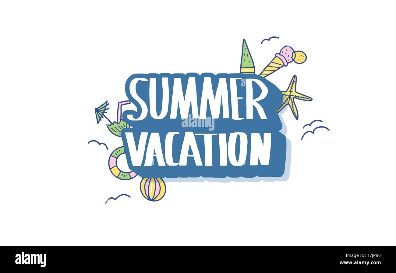 Summer vacation concept. Handwritten lettering with summer symbols in ...