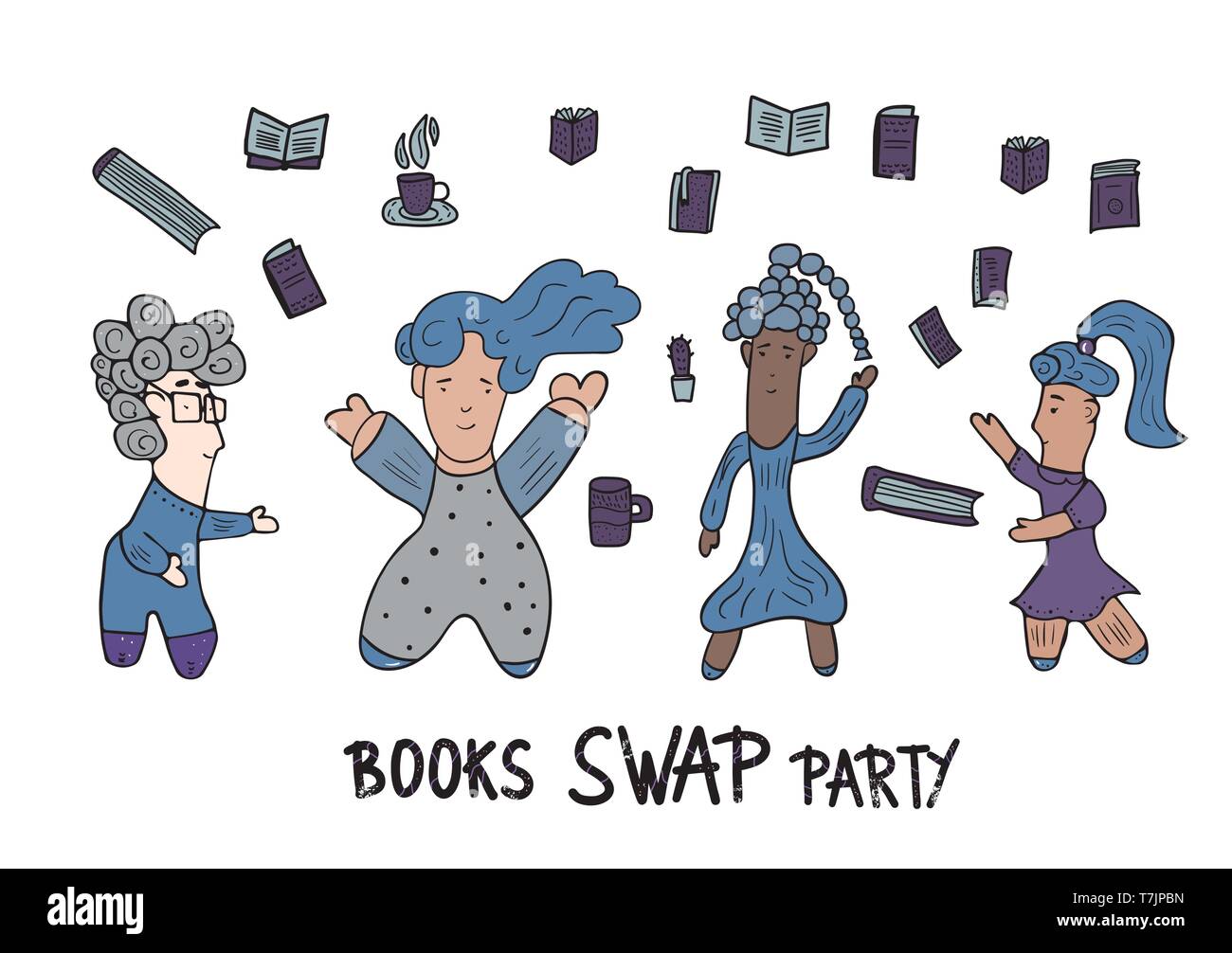 Book Swap Party concept with girls. Hand lettering with doodle style ...