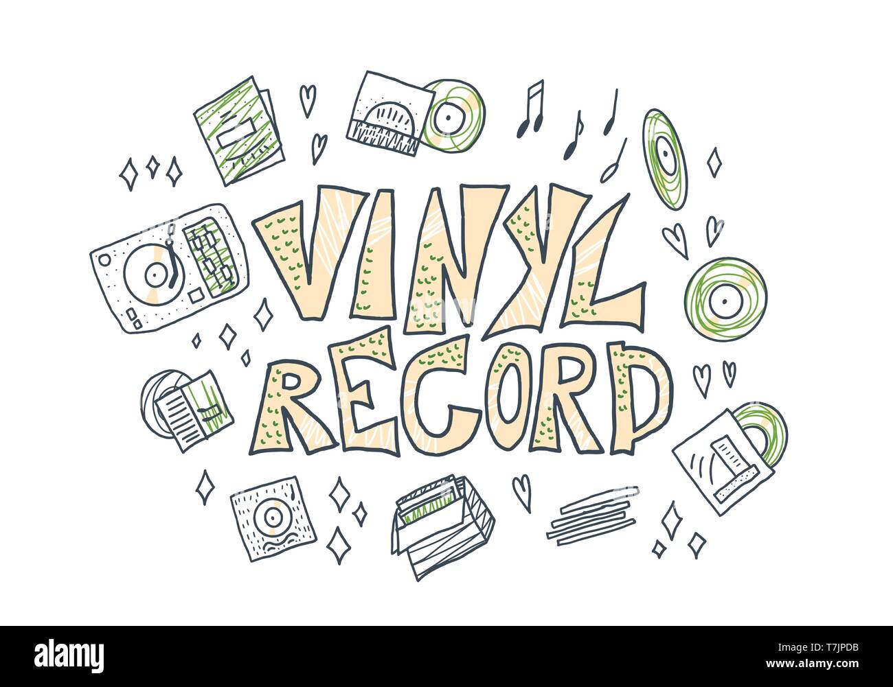 Vinyl record concept. Text with musical symbols. Vector color ...