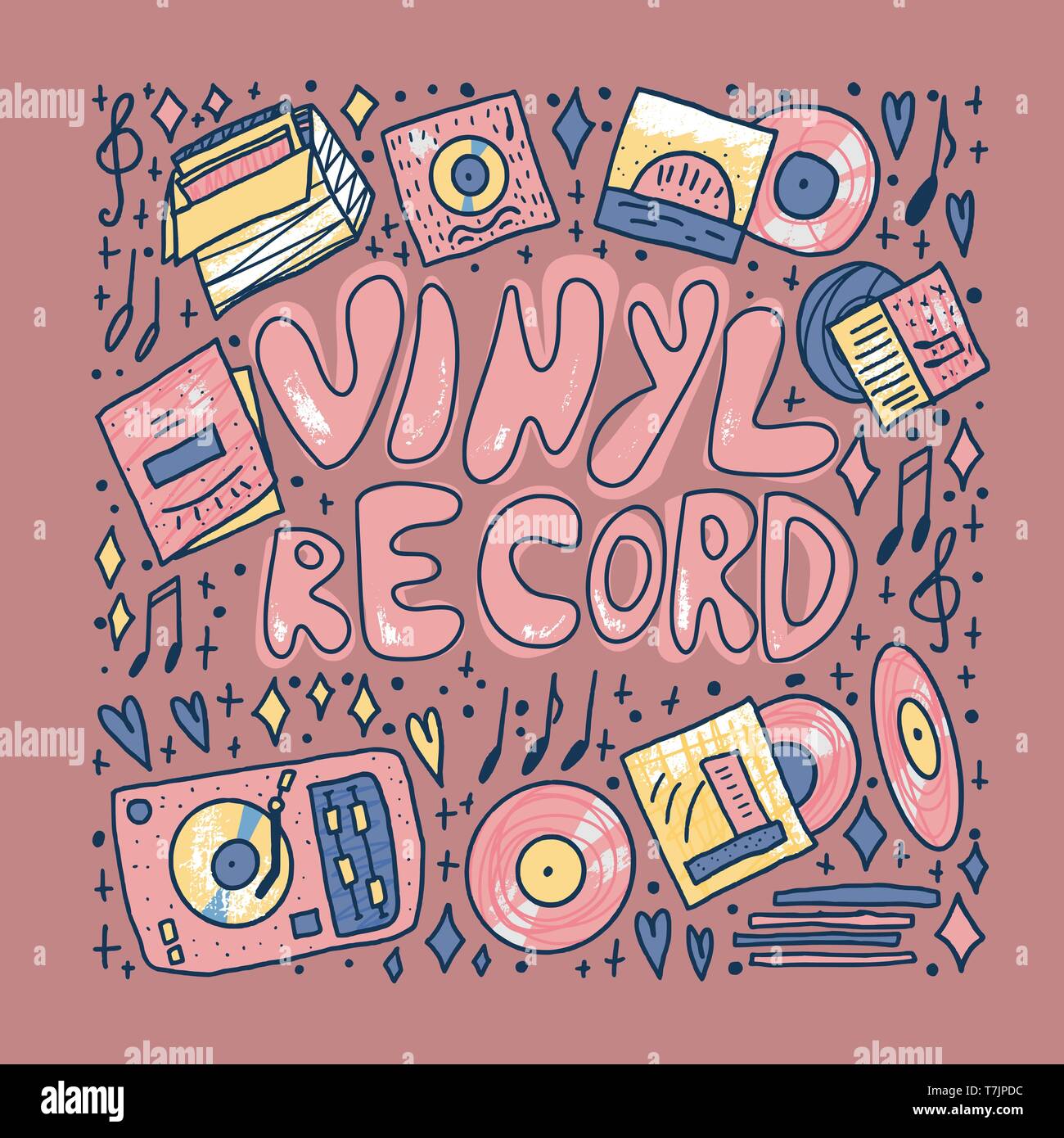 Vinyl record concept. Text with musical symbols. Vector color ...