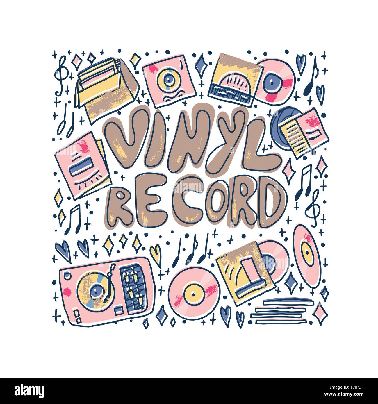 Vinyl record concept. Text with musical symbols. Vector color ...