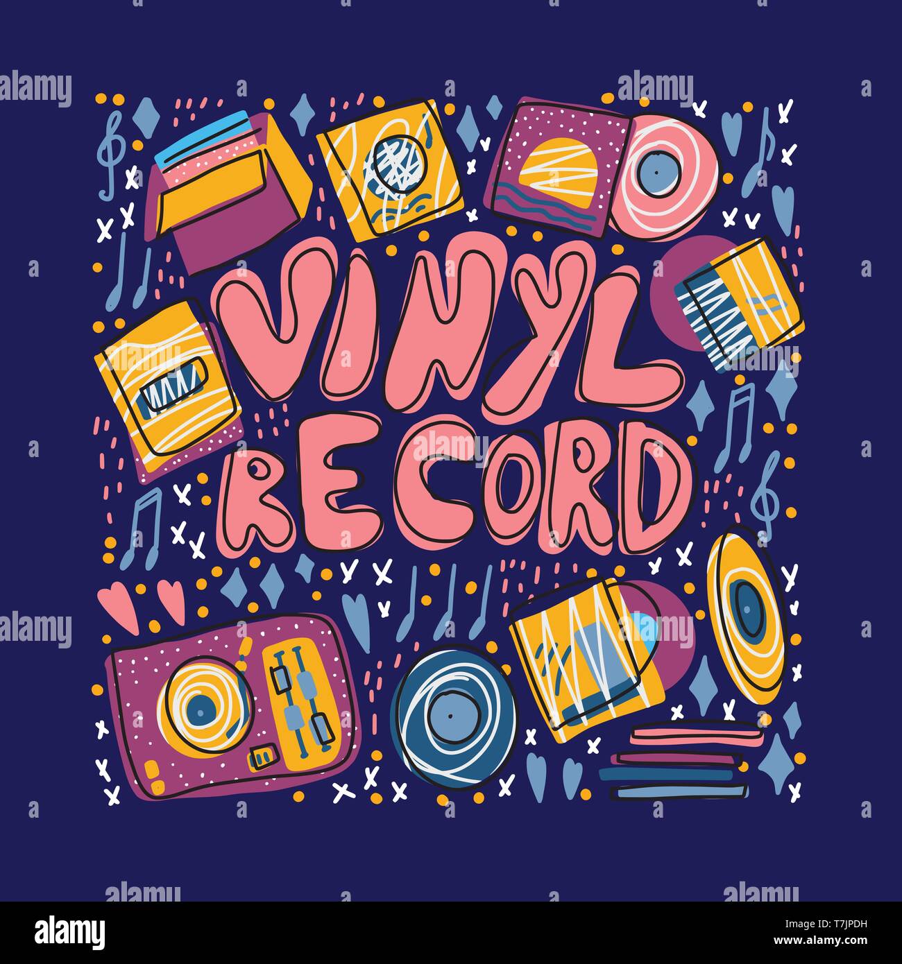 Vinyl record concept. Text with musical symbols. Vector color ...