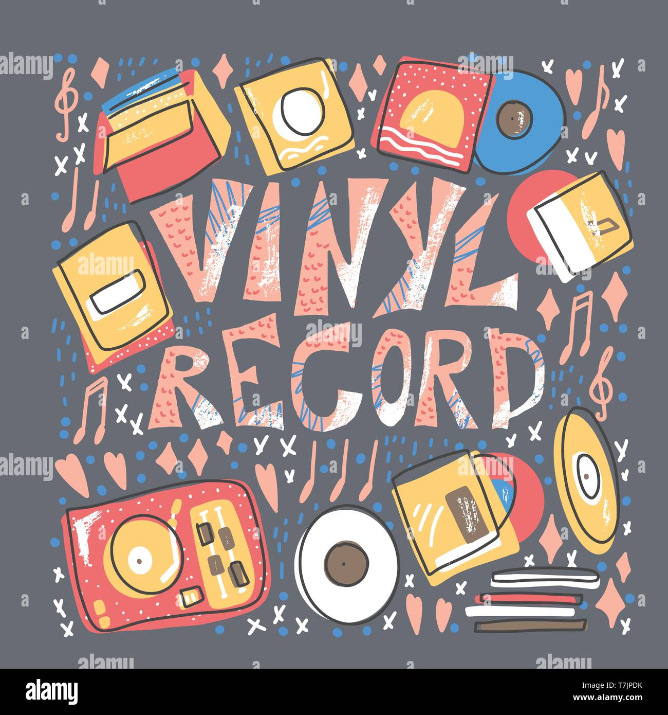 Vinyl record poster. Text with musical symbols. Vector color ...