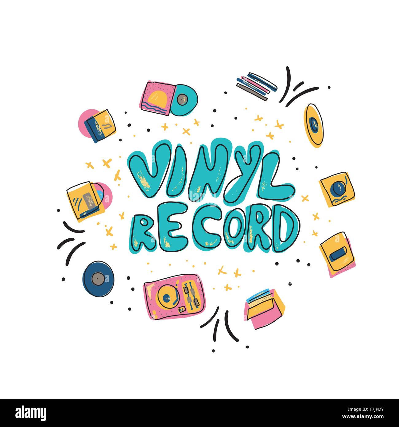 Vinyl record emblem. Text with musical symbols. Vector color ...