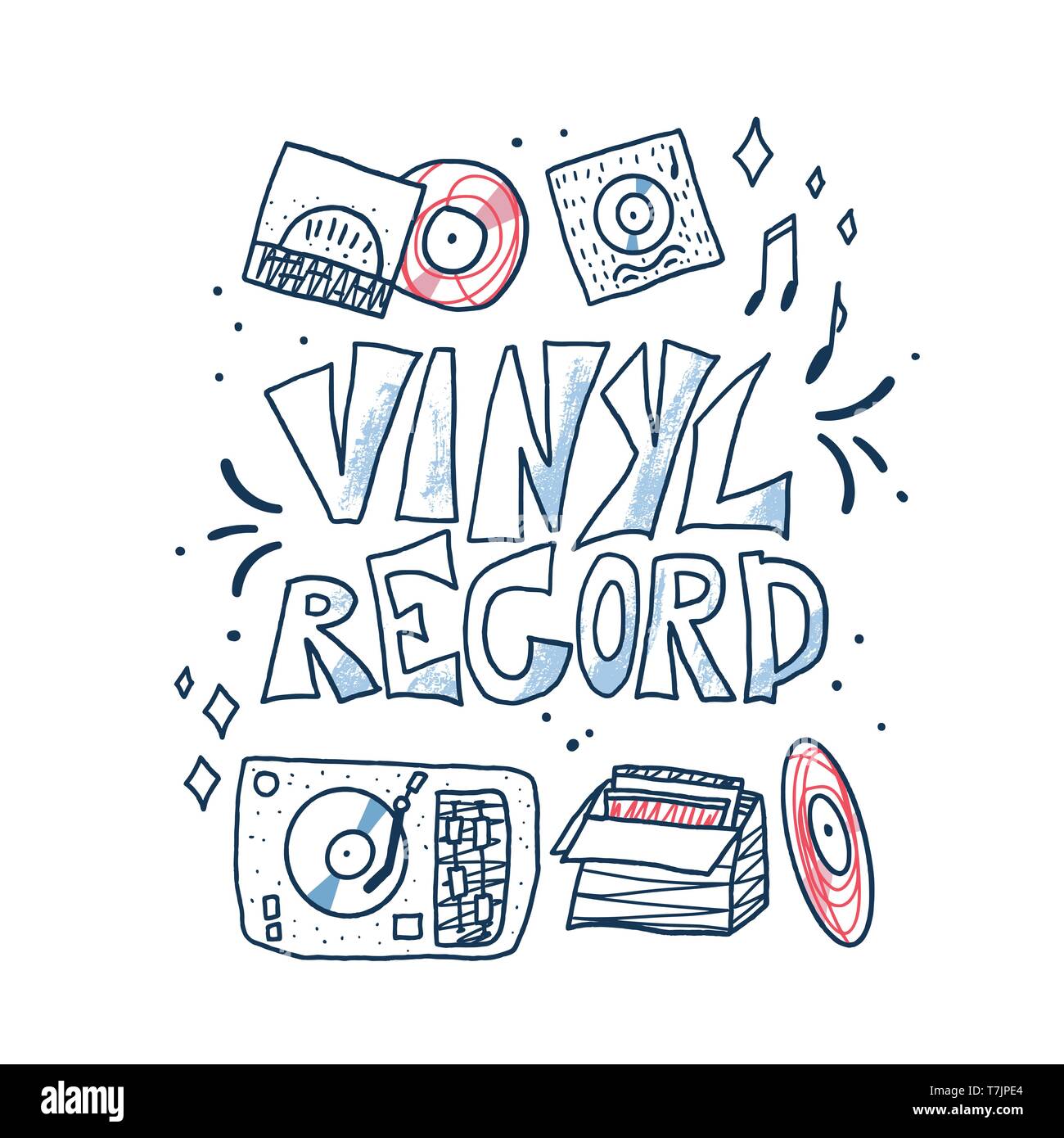 Vinyl record concept. Text with musical symbols. Vector color ...