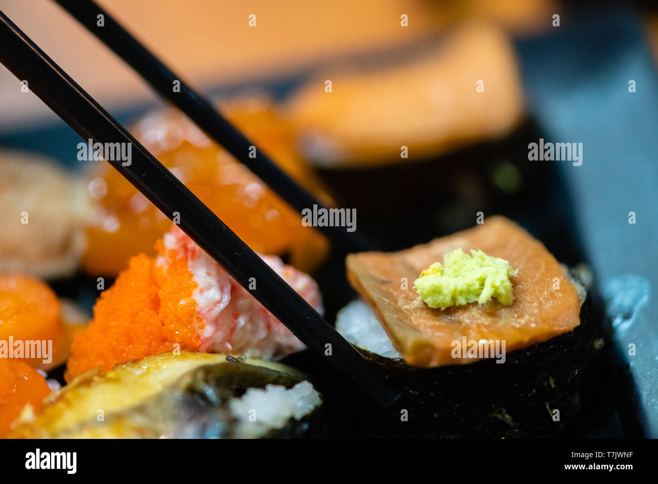 traditional japanese local food sushi.delicious seafood sushi with ...