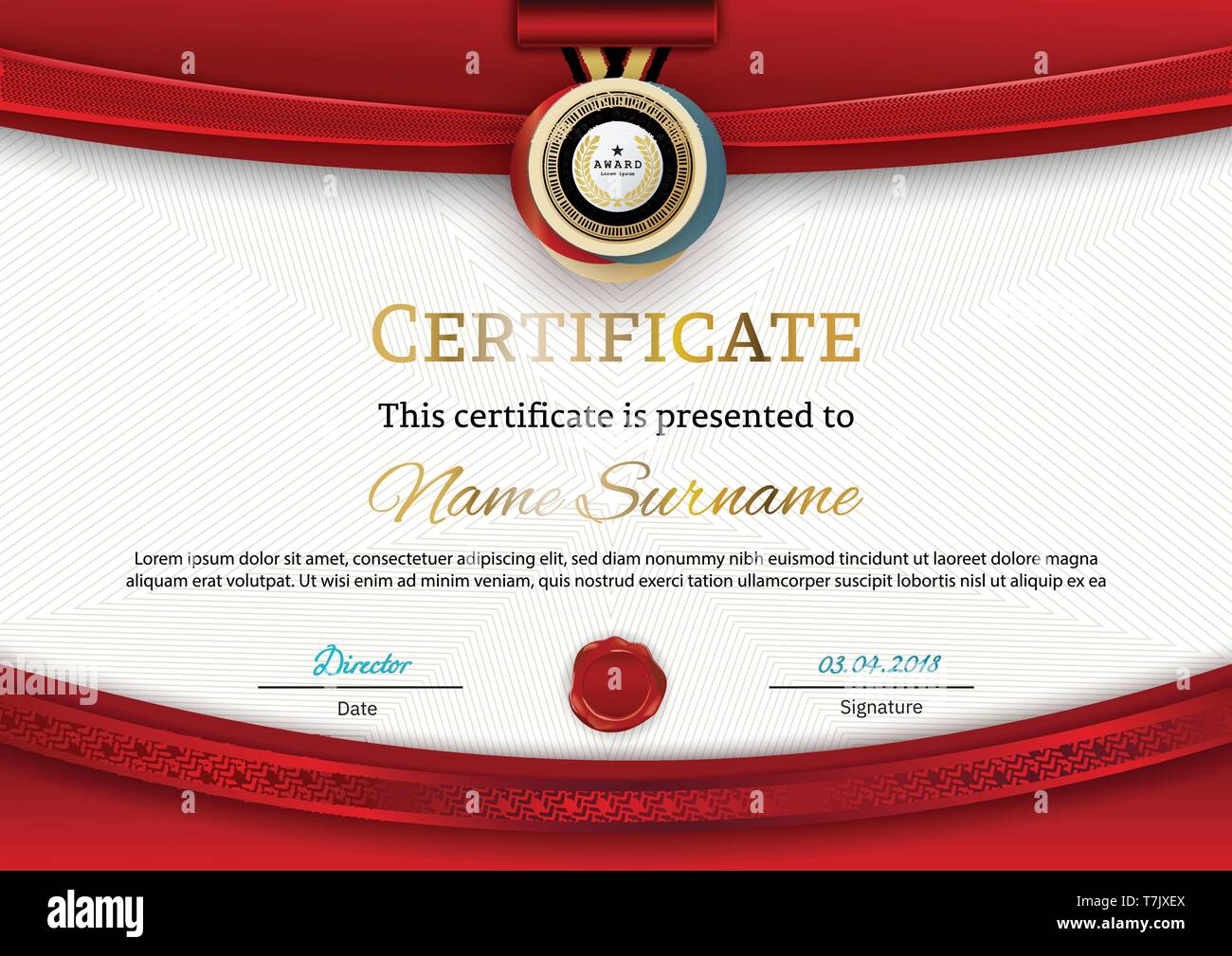Official certificate with red gold design elements. Modern blank Stock ...