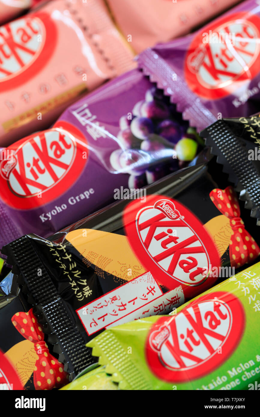 Assortment of Japanese mini kitkat bars of various flavours. Shown are ...