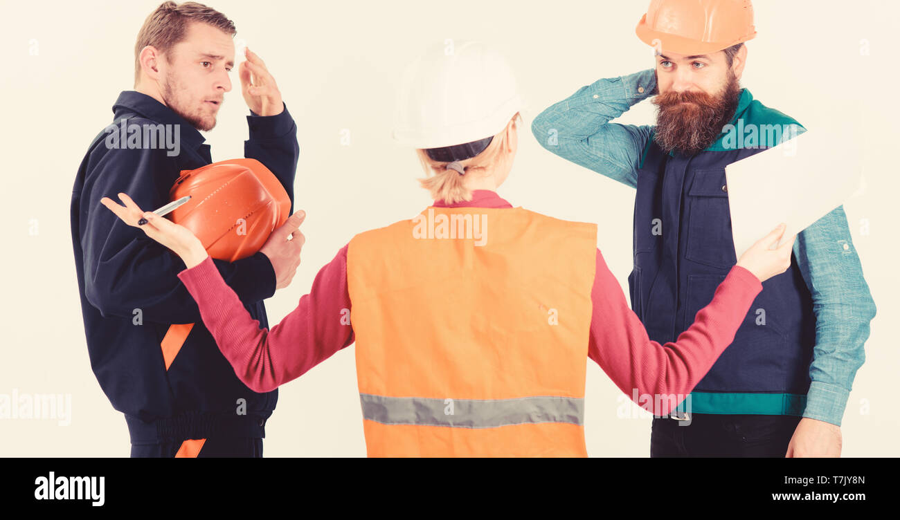 Misunderstanding concept. Builders and engineer arguing ...
