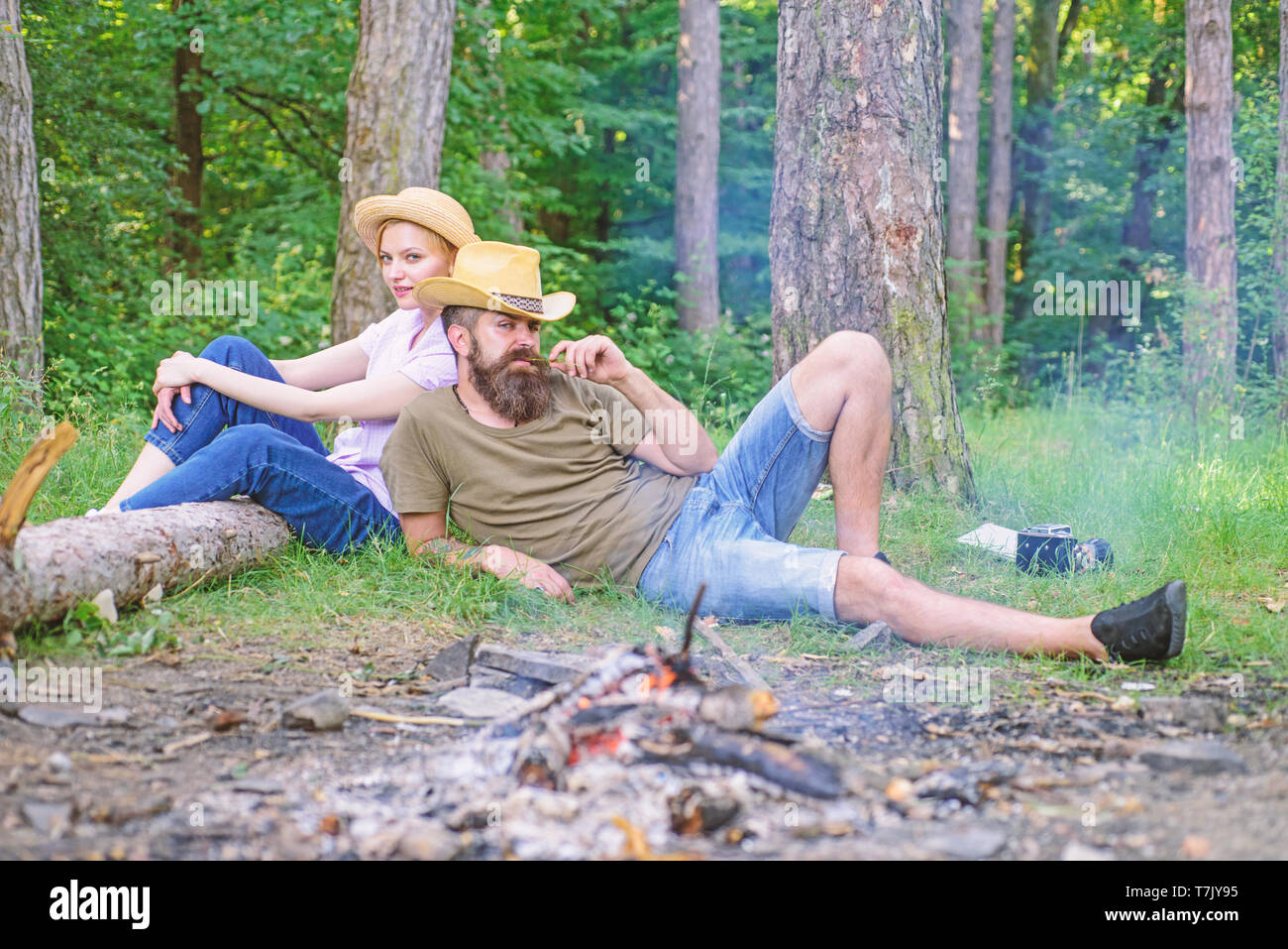 Family activity for summer vacation in forest and nature. Couple ...