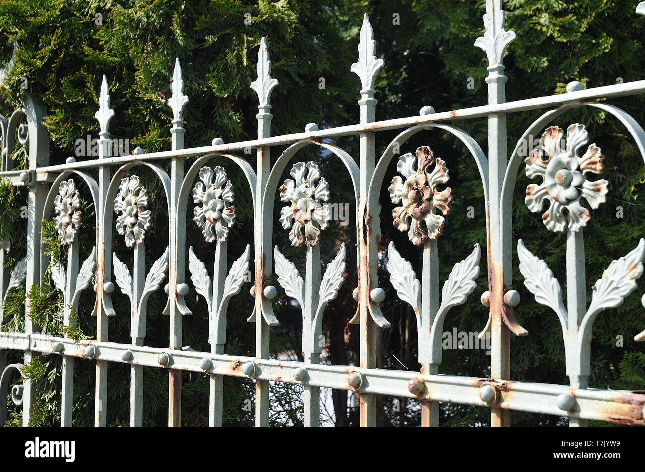 rusty old wrought iron fence around garden of historic building Stock ...