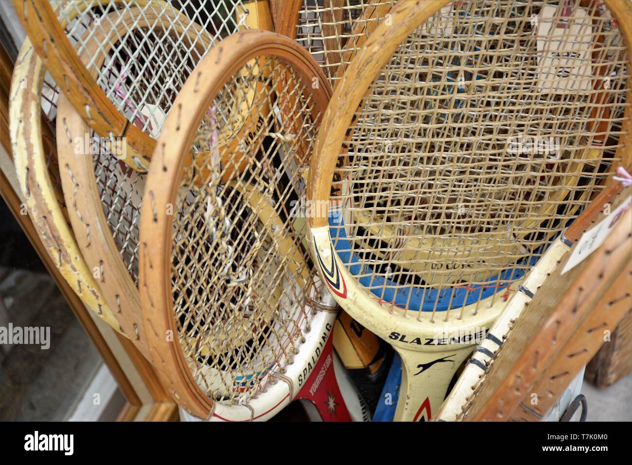 Old tennis rackets made from wood from the 60s and 70s Stock Photo - Alamy