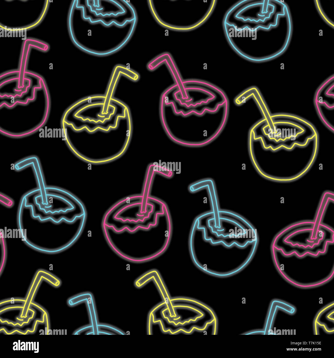 Neon light coconut cocktail drinks seamless pattern tile. Summer ...
