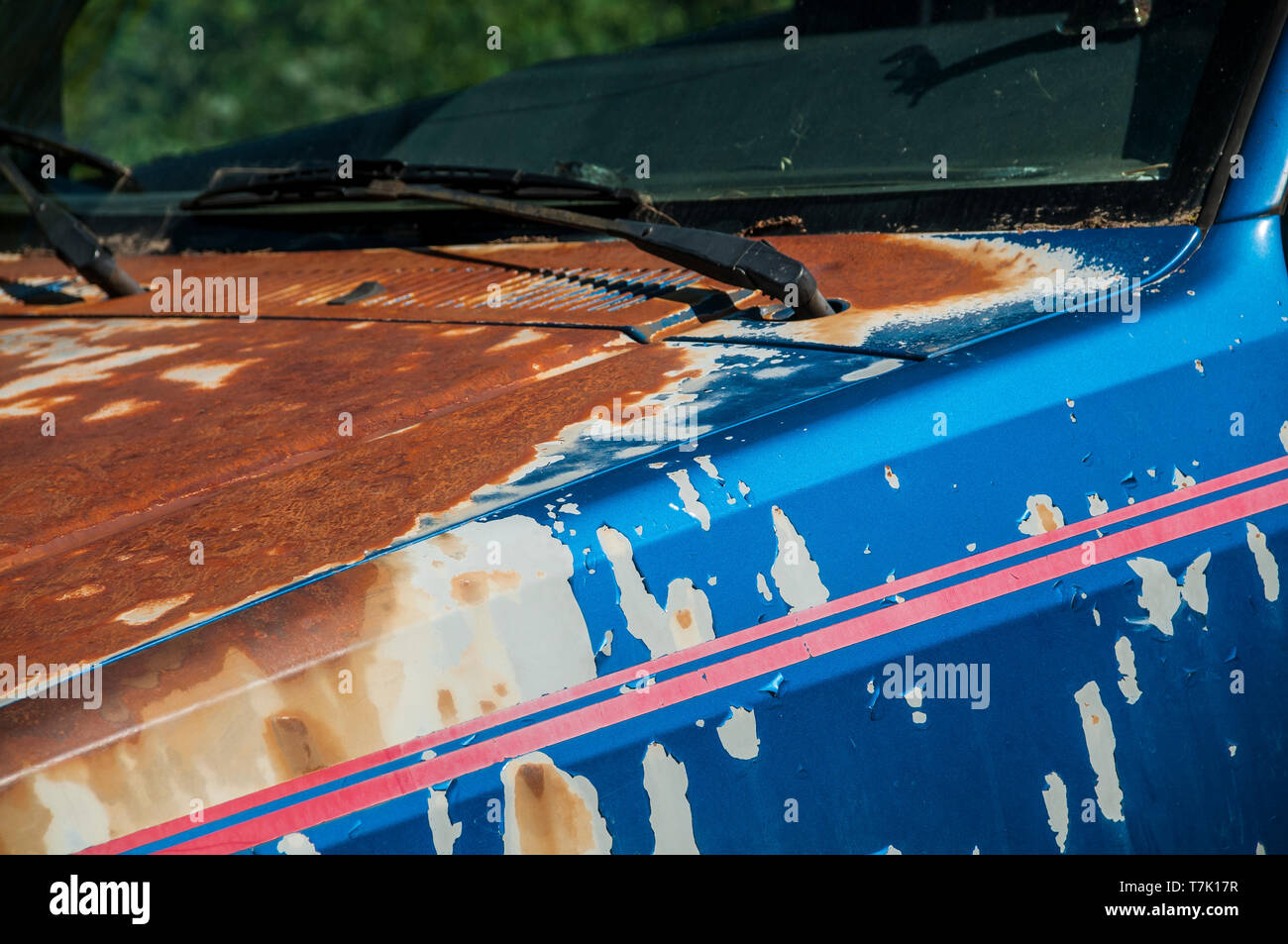 An old vehicle that has had the paint peel off, and rust has set in ...