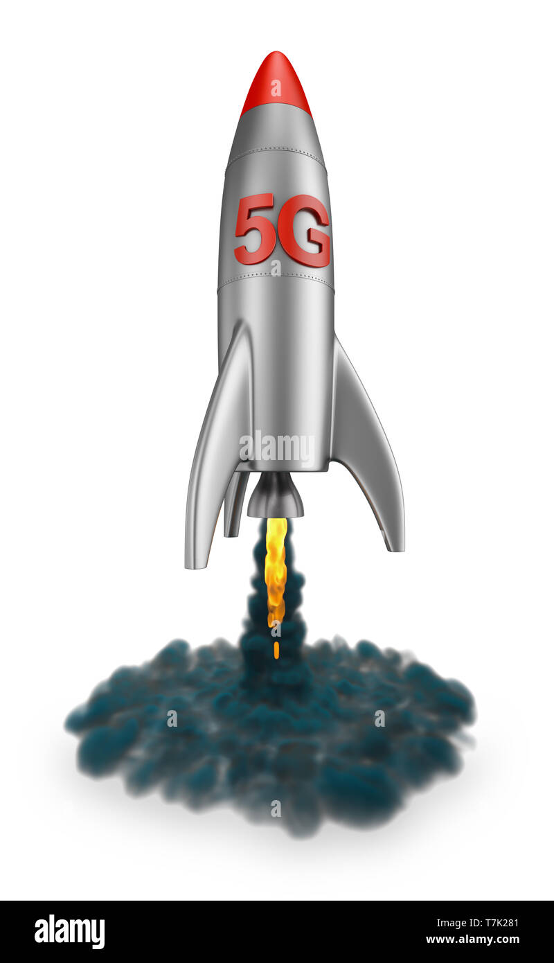 5G rocket flies up with smoke and fire. 3d render Stock Photo - Alamy