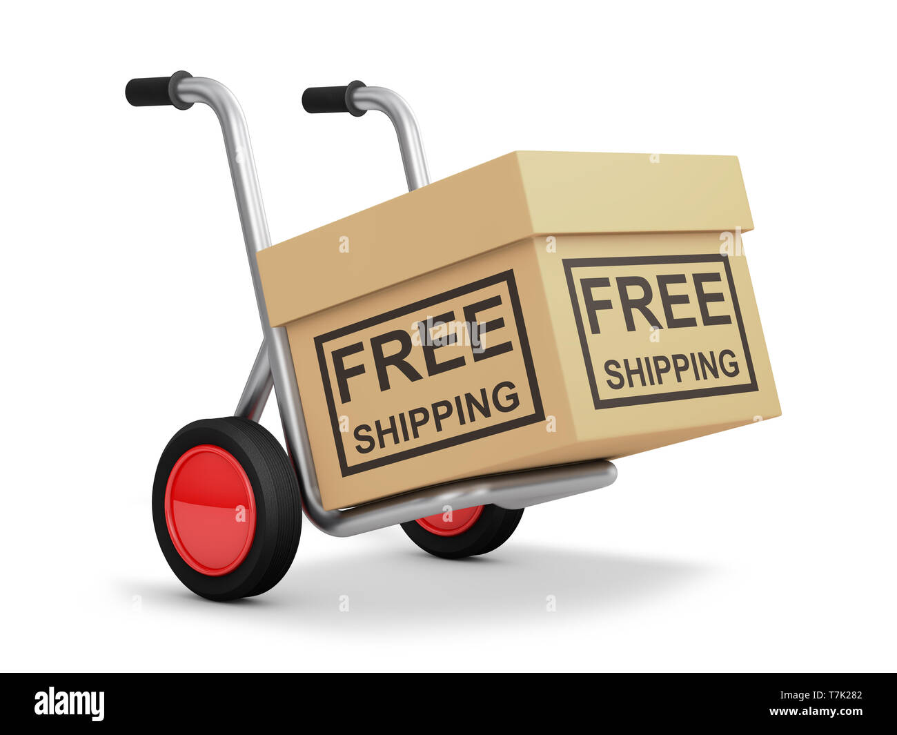 Cardboard box with the words "free shipping" on a trolley with wheels ...