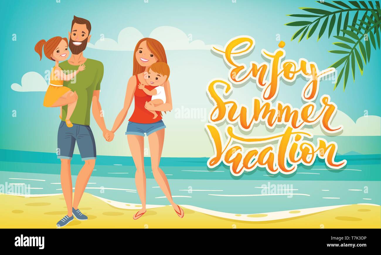 Vector design with happy family and enjoy summer vacation lettering ...