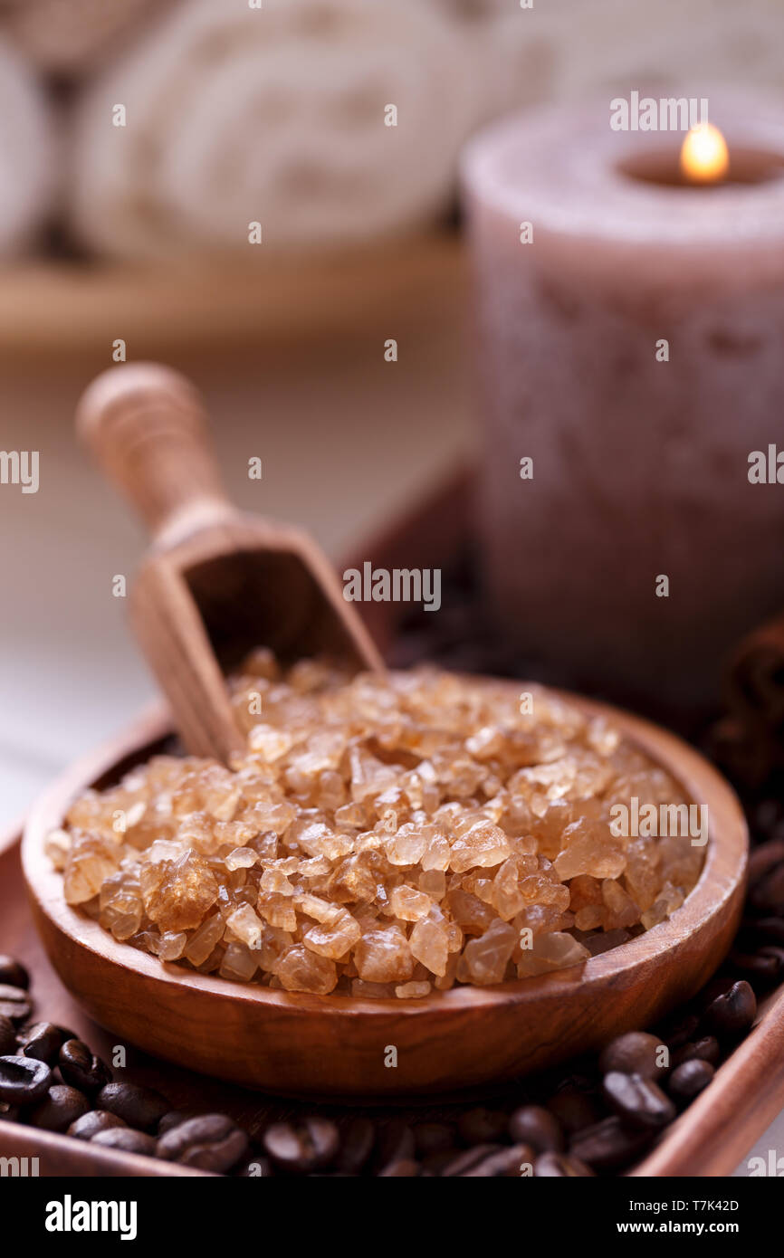 Aromatic coffee bath salt and spa items close up, macto, vertical Stock ...