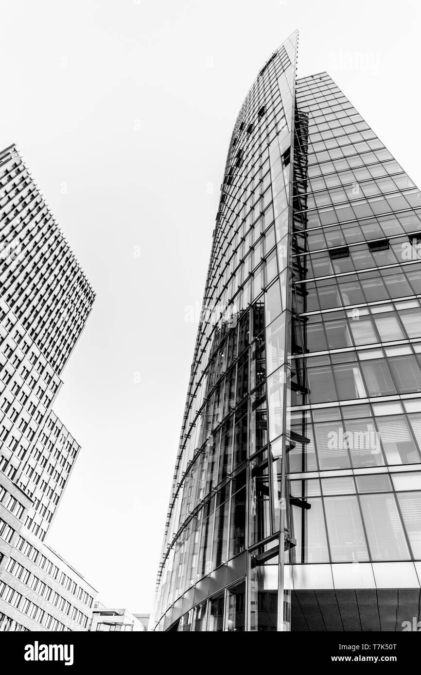 Berlin,Germany, August 21, 2018. Two modern high-rise buildings black ...