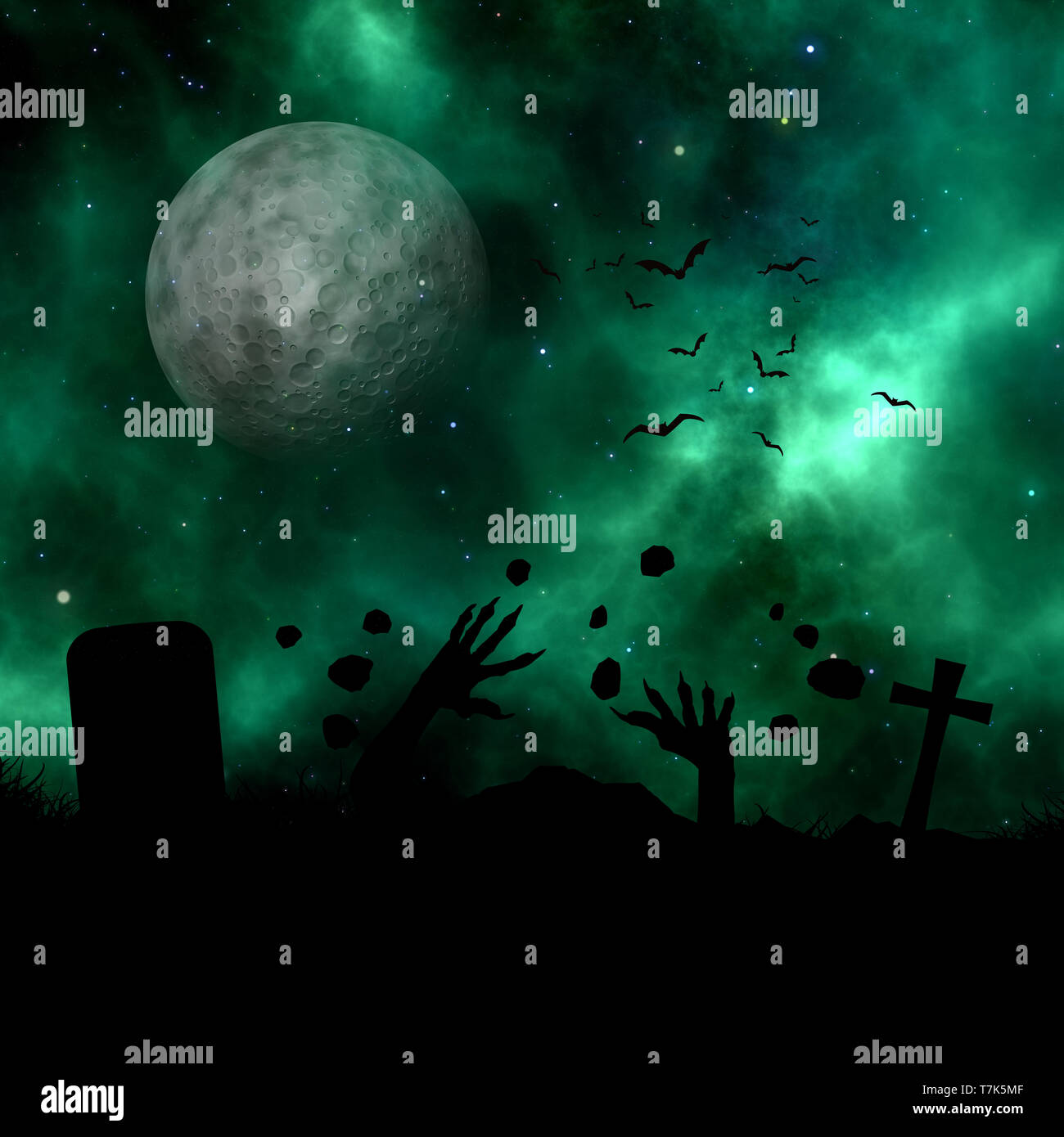 3D render of a landscape with silhouette of zombie erupting out of the ...