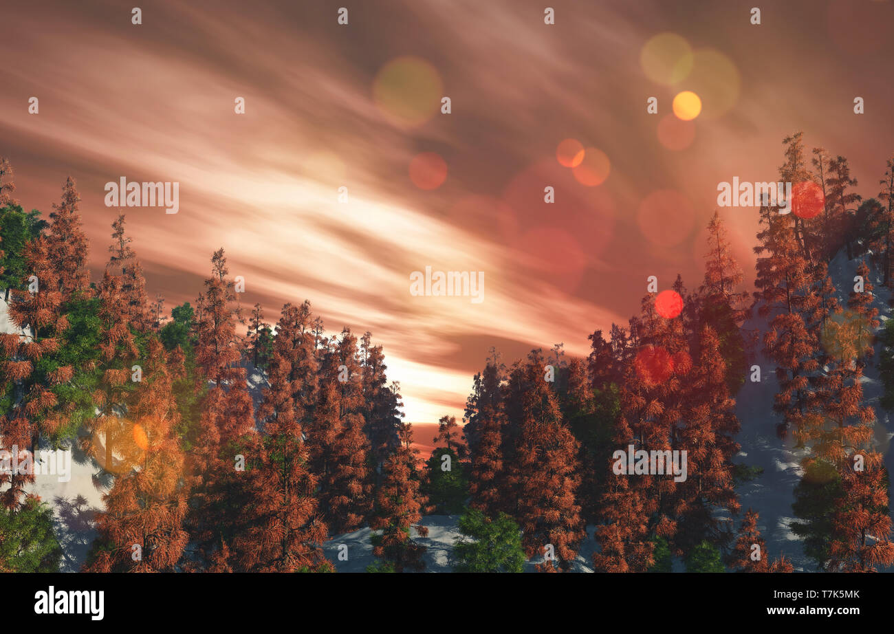 3D render of a landscape with trees on mountains against a sunset sky ...