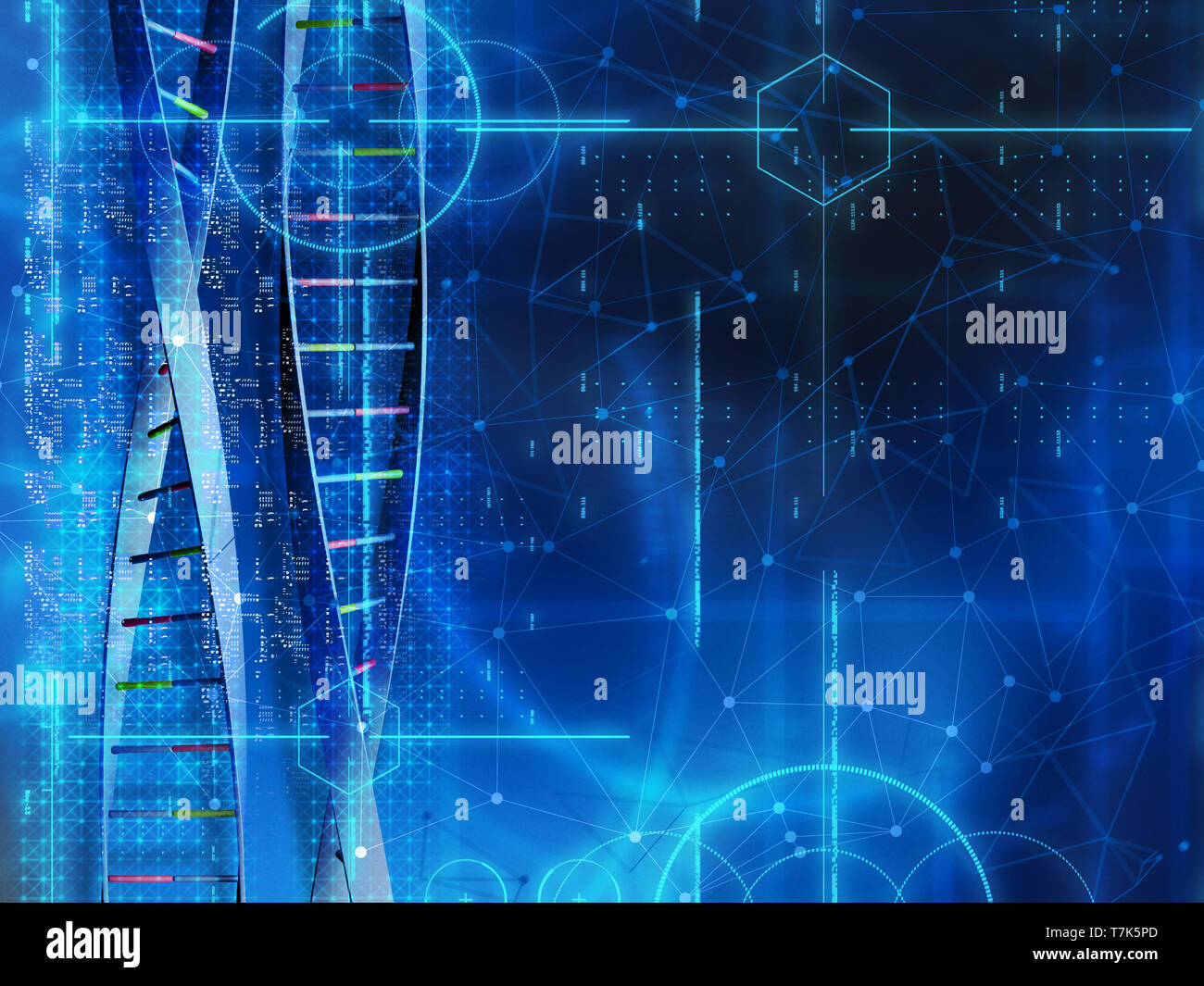 3D render of a medical background with DNA strands and code Stock Photo ...