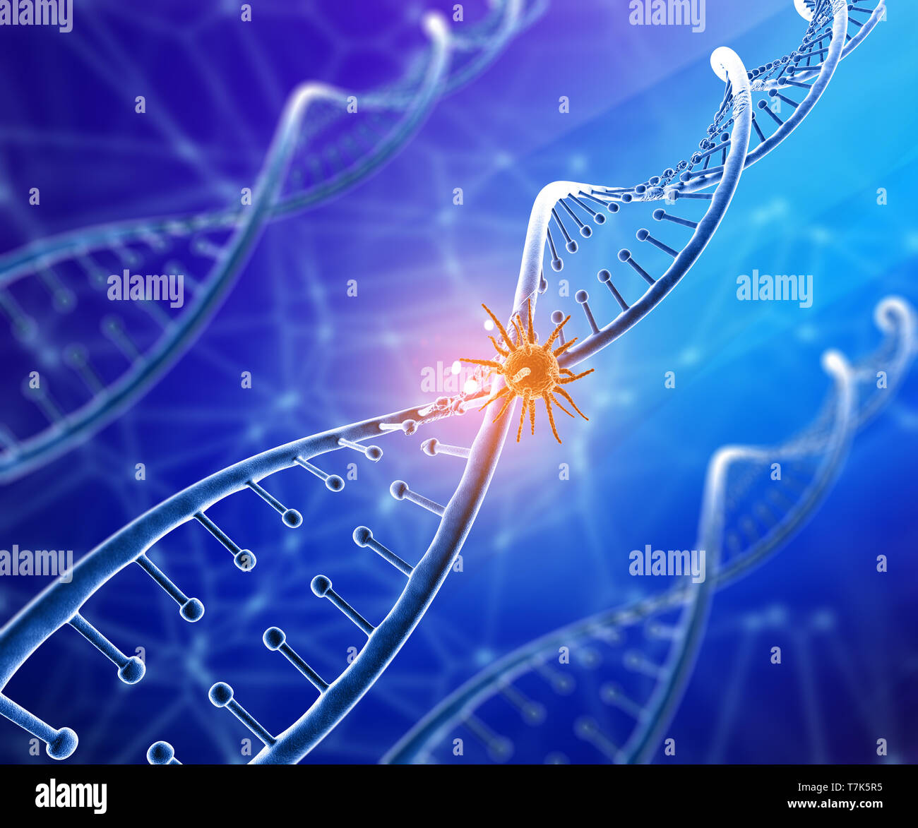 3D render of a medical background with virus cell on DNA strand Stock ...
