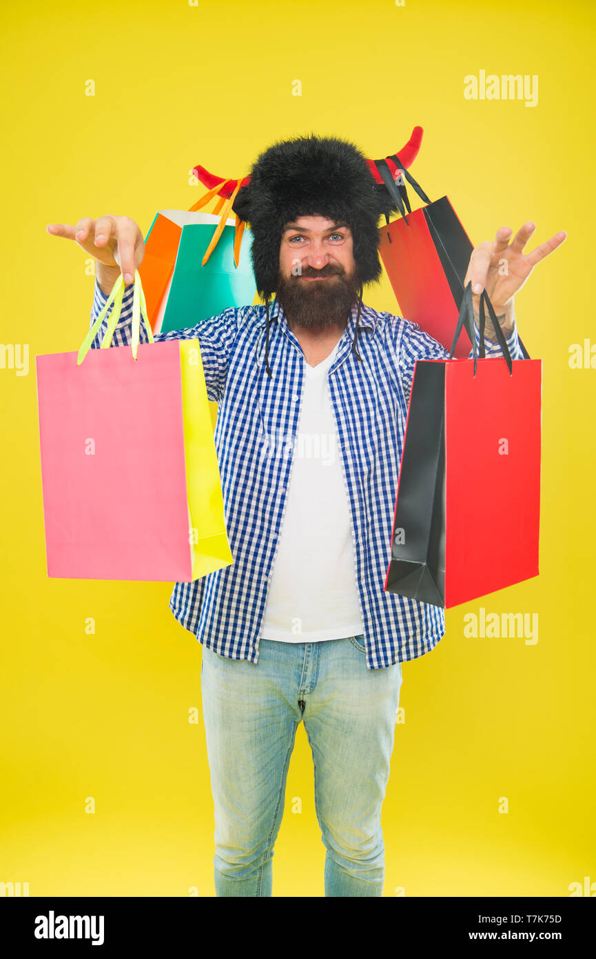Hipster shopping addicted or shopaholic. Shopping concept. Guy shopping ...