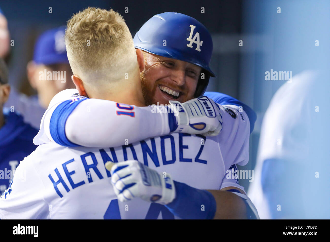 Los Angeles, CA, USA. 7th May, 2019. Los Angeles Dodgers third baseman Justin Turner (10) gets a ...