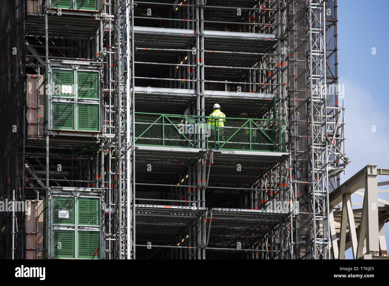 London, UK. 8 May, 2019. Scaffolding around the Elizabeth Tower of the ...