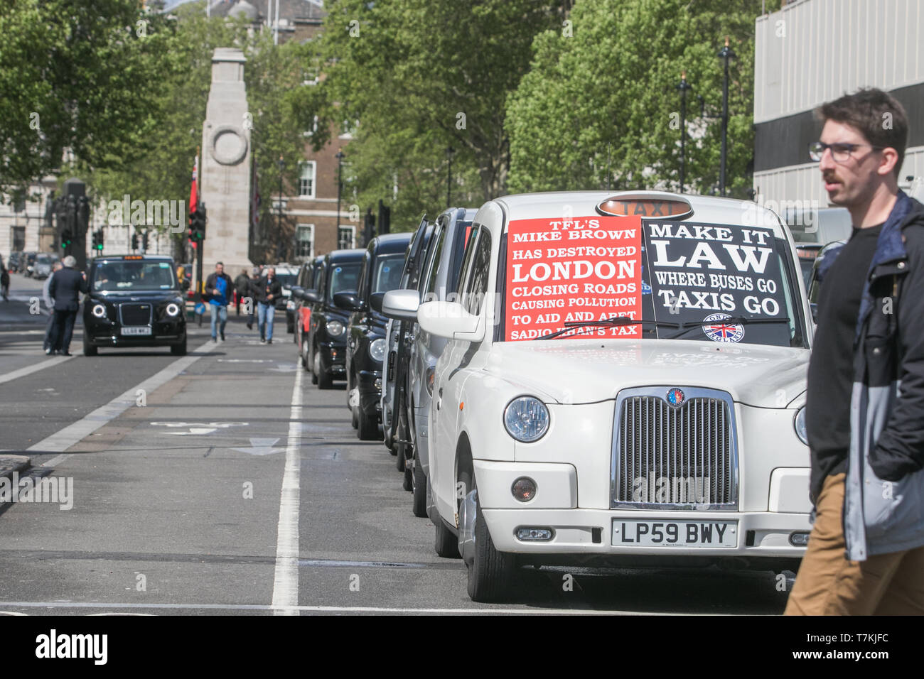 London, UK. 8th May, 2019. Black cab drivers stage a protest in ...