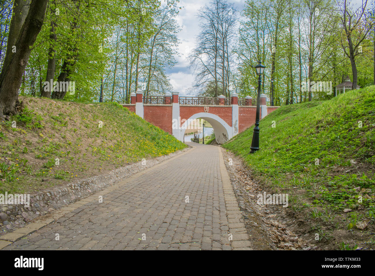 paths in a spring park landscape against a blue sky and green trees ...