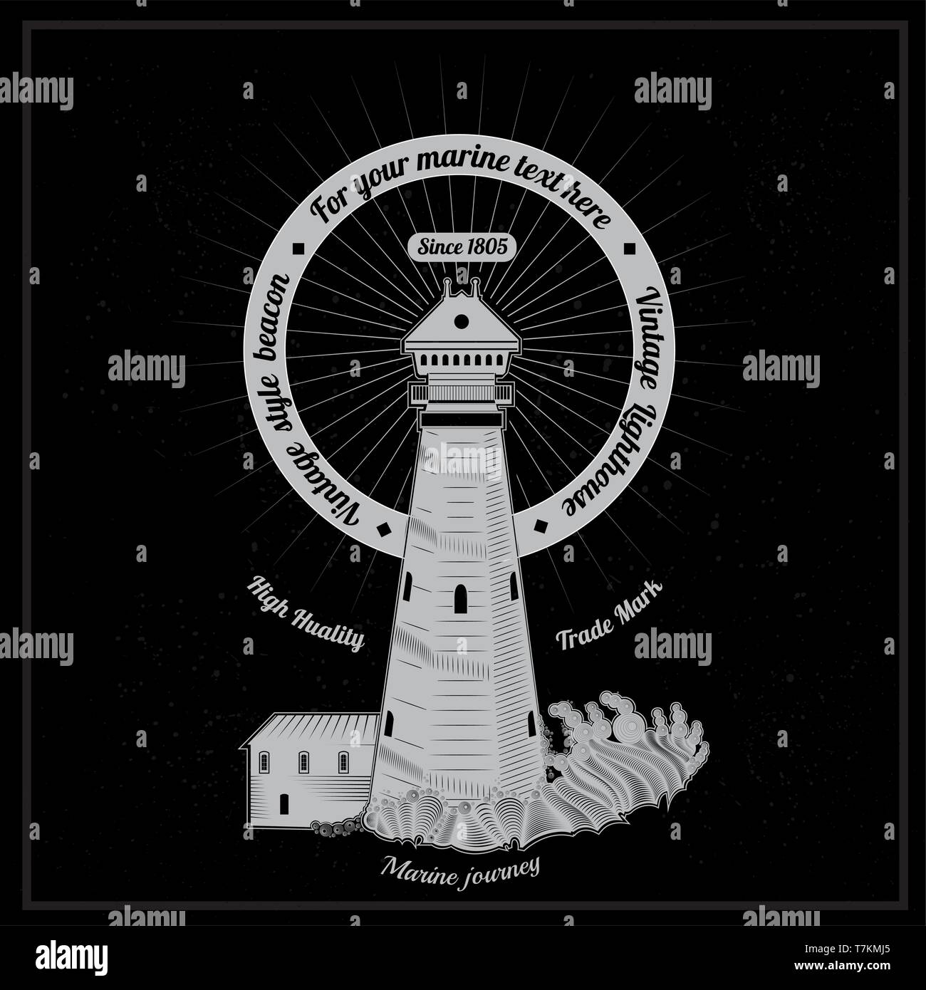 marine style engraving white lighthouse on black background Stock ...