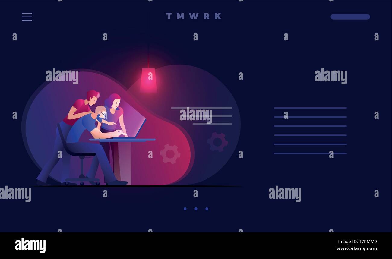 Three person working on a project. Web site design template. Vector ...