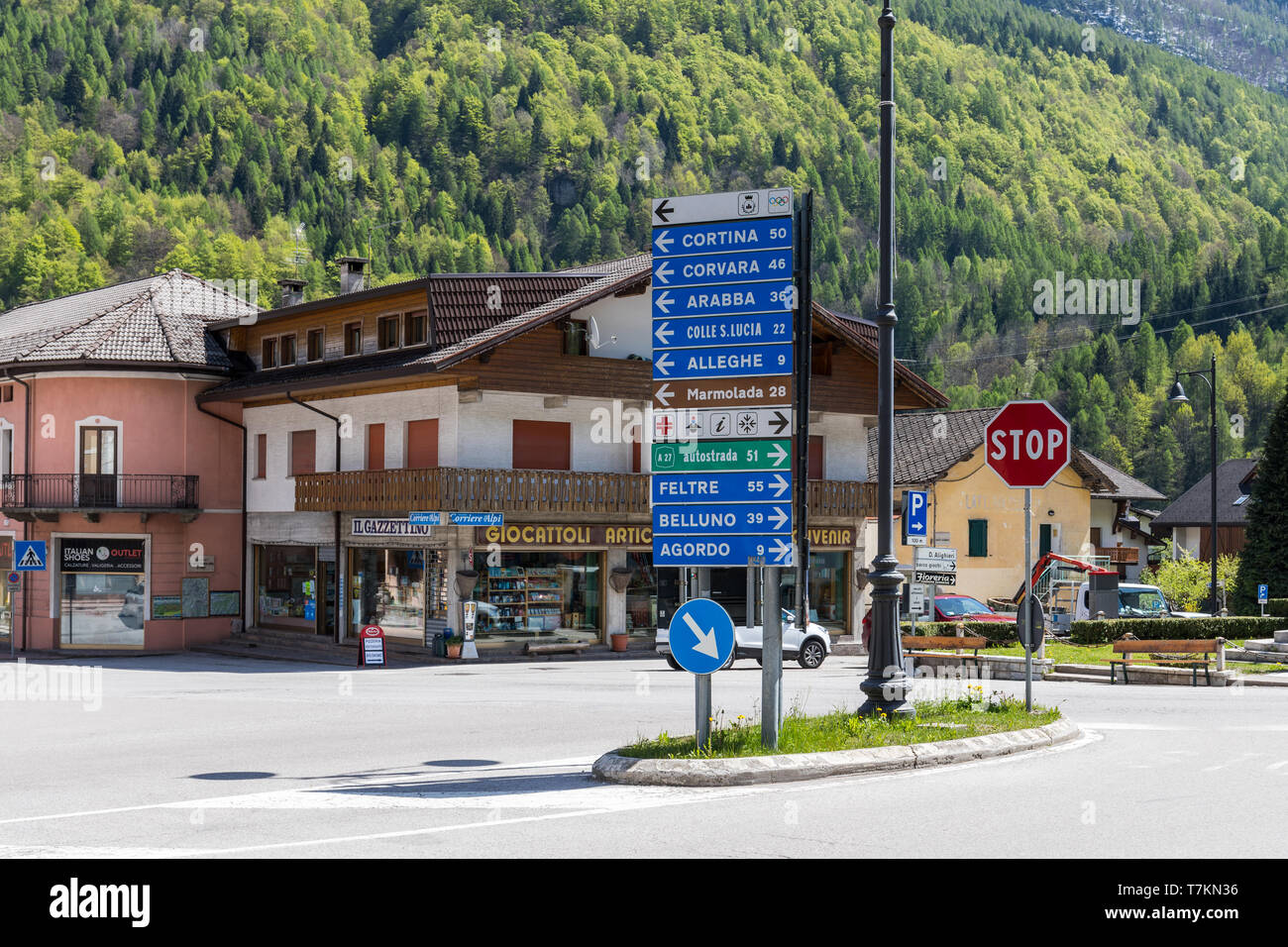 Road sign in Cencenighe Agordino giving directions and distances to ...