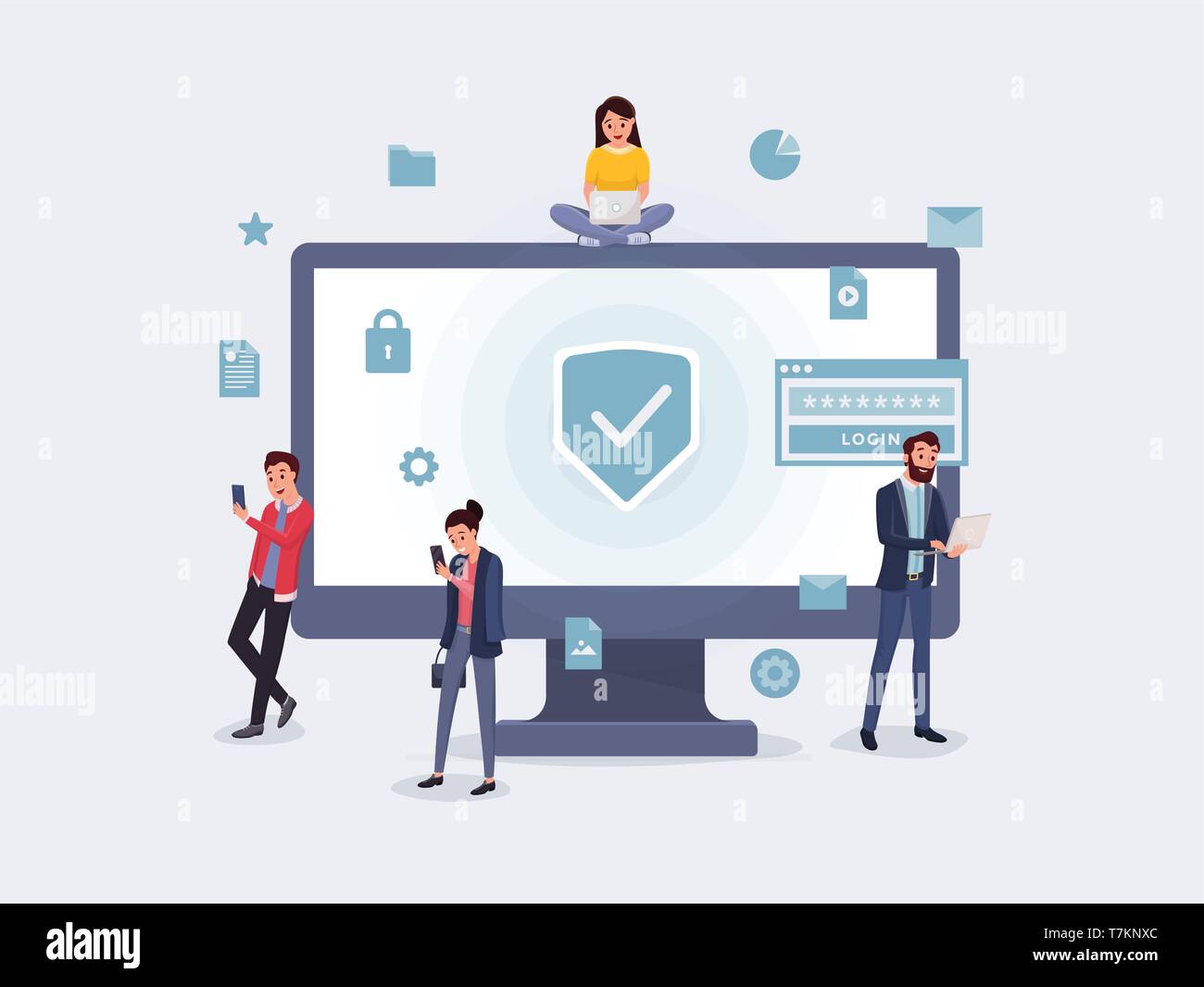 People near monitor screen with protect data and confidentiality symbol ...