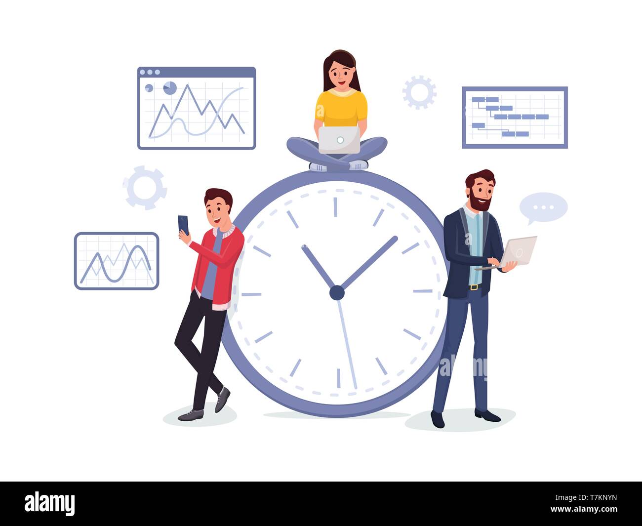 Men and women working via internet using modern laptop and smartphone ...