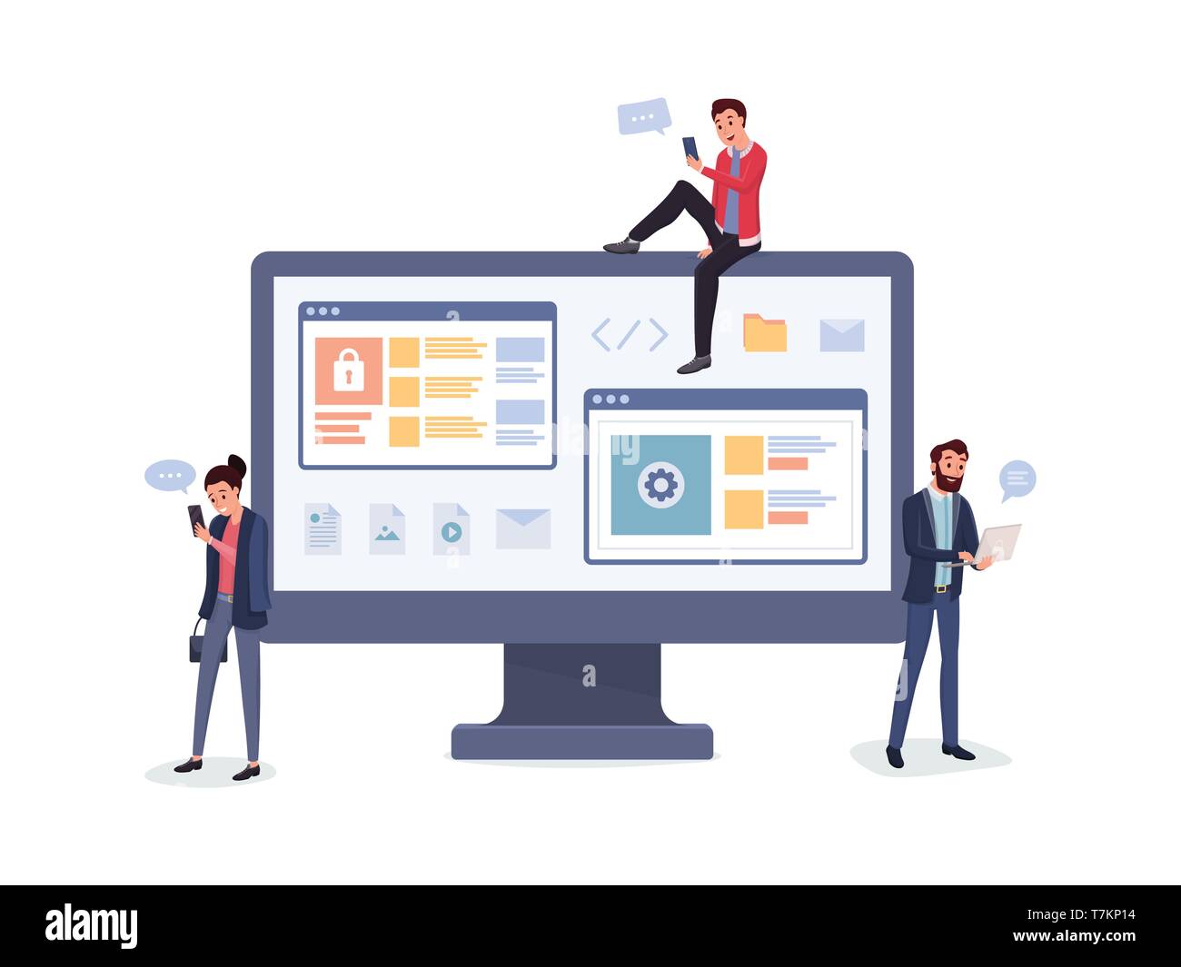 Smiling men and woman chatting via internet vector illustration. Boys ...