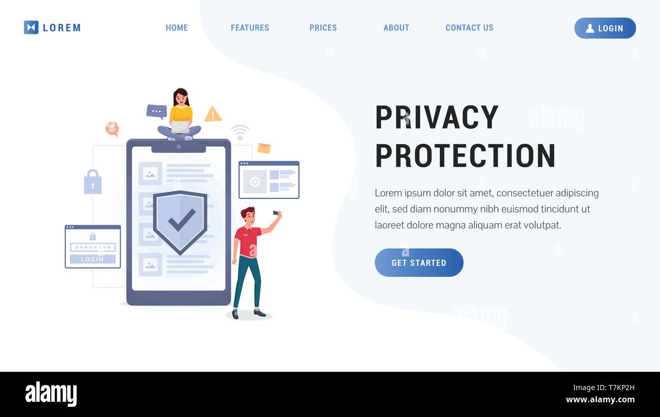 Template with cartoon people near tablet screen with protect data and ...