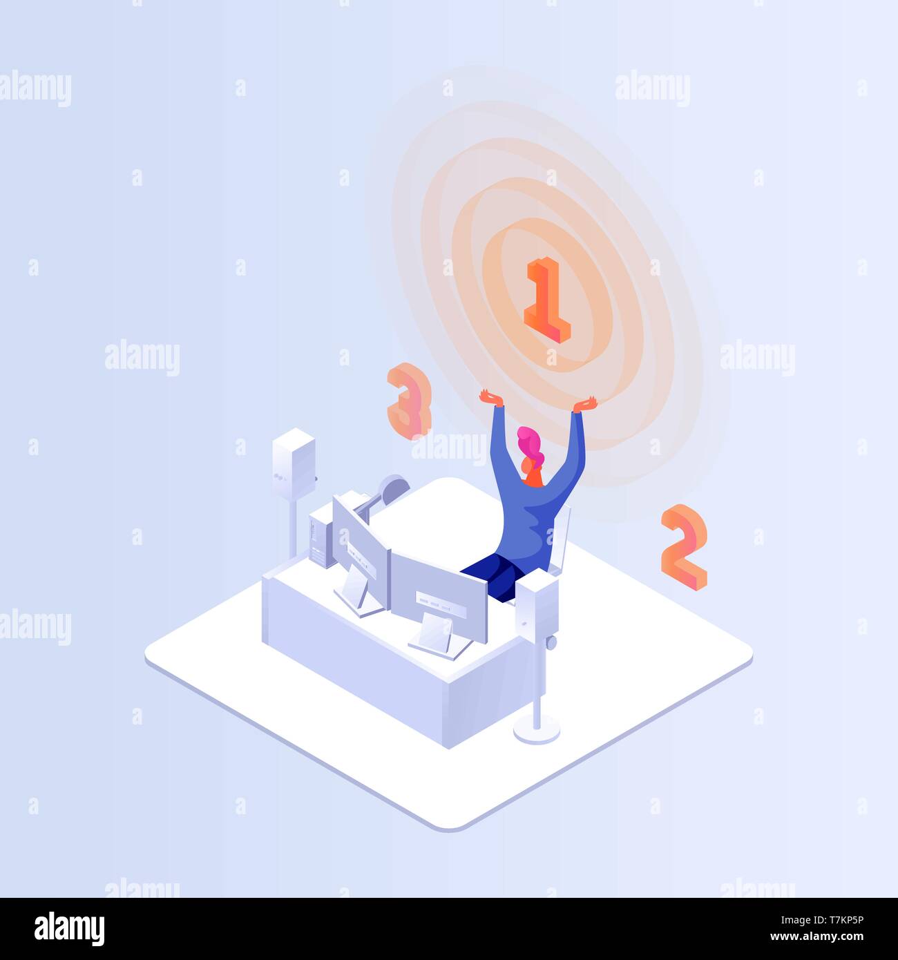 Isometric vector illustration game winner. Young gamer using computer ...