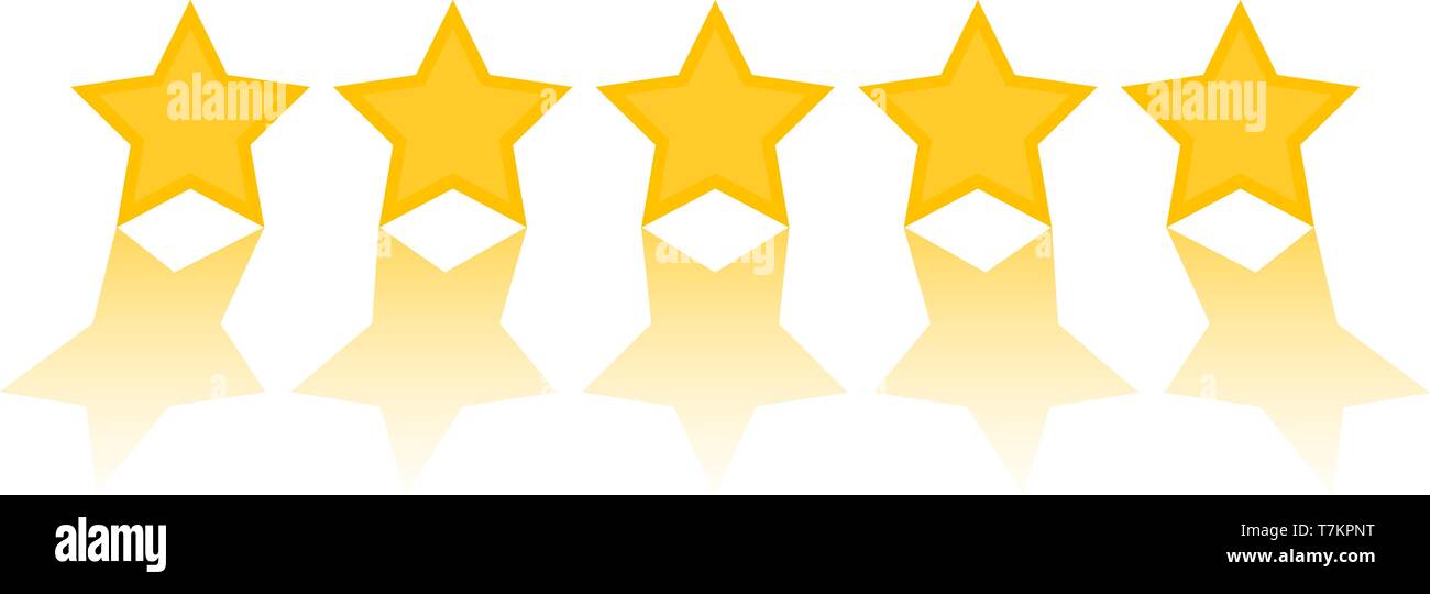 five star rating, five golden stars with refleciton on white background ...