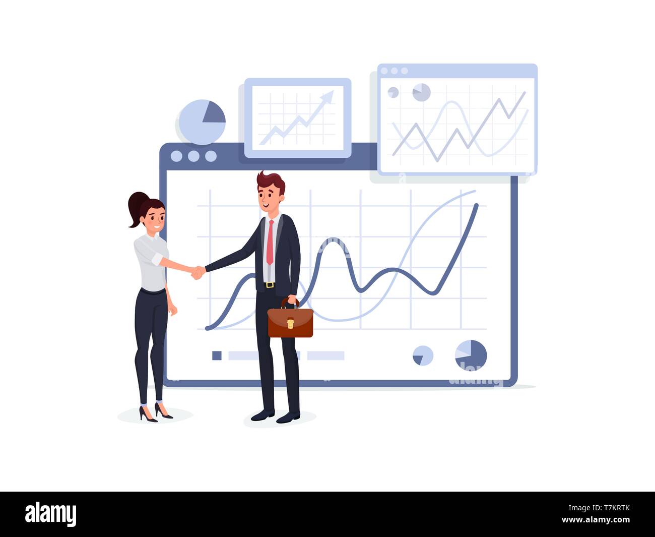 Business people handshake near charts flat style vector illustration ...