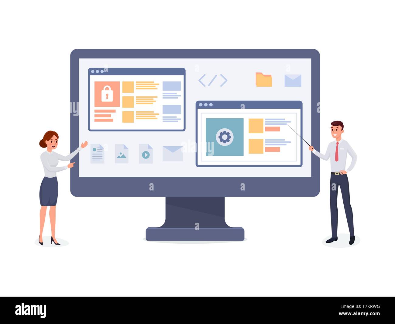 Man and woman pointing to monitor with screen app or website elements ...