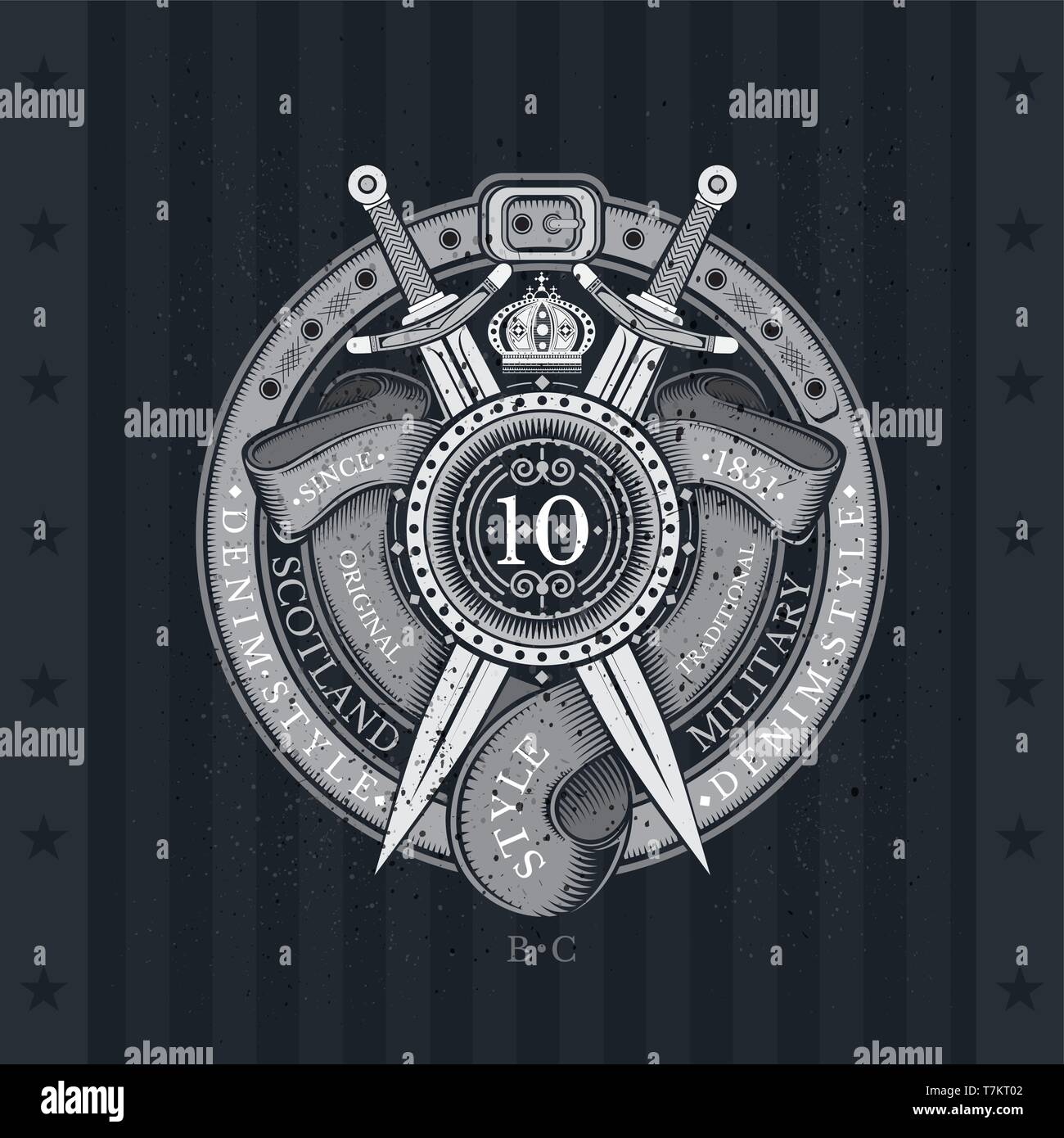 Round Shield And Cross Swords With Ribbons Into Round Belt Frame ...