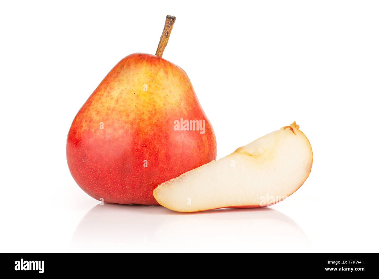 Group of one whole one slice of juicy fresh red pear isolated on white ...