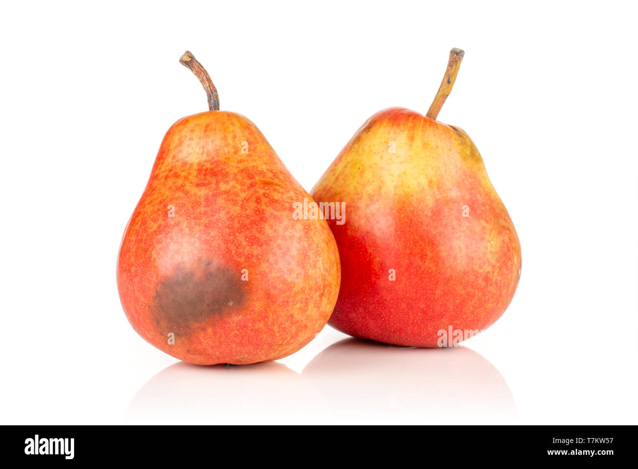 Group of two whole fresh red pear with a spot isolated on white ...