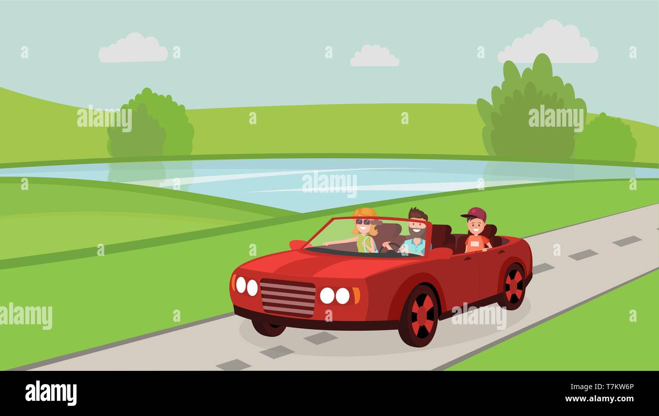 Happy family rides in car on vacation flat style vector illustration ...