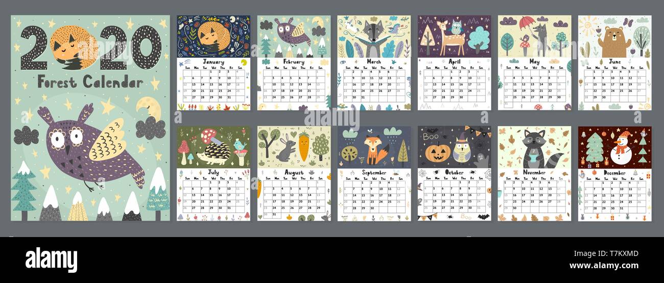 Forest calendar for 2020 year. Printable planner of 12 months with cute ...